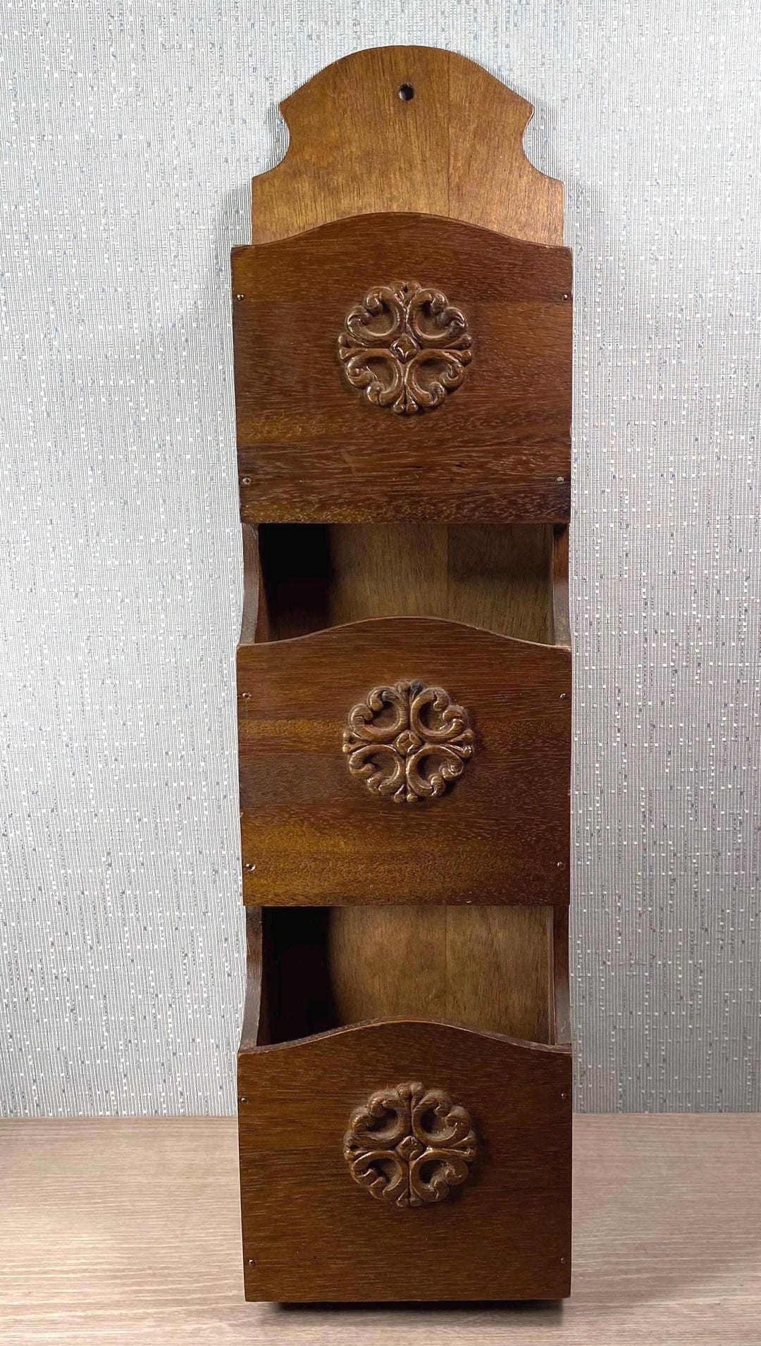 Vintage Wooden 3 Slotted Mail Rack or Letter Holder With Key Hooks ...