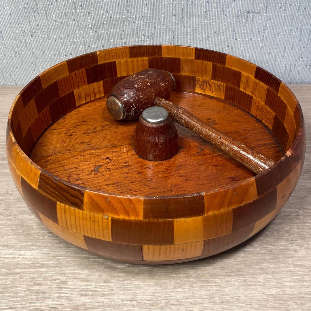 Vintage Wooden Nutcracking Bowl With Nutcracker Hammer Scarce ...
