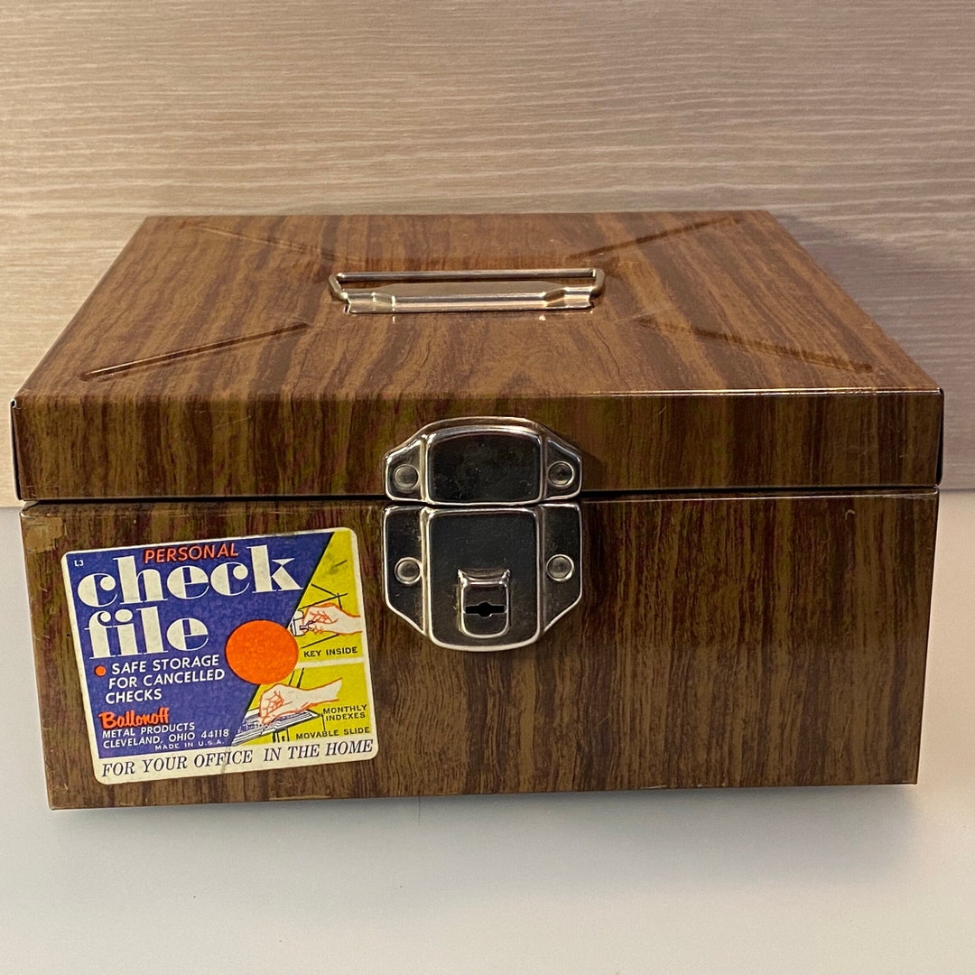 Vintage Metal Check File Box Midcentury Industrial 1960s Wood-look ...