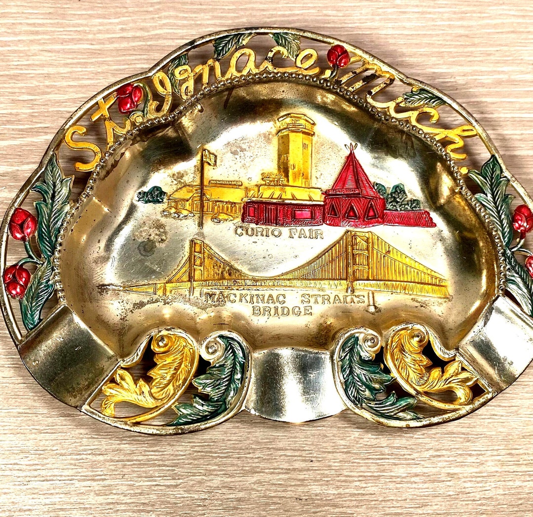 Vintage St. Ignace Ashtray Painted Metal Mackinac Bridge Curio Fair ...