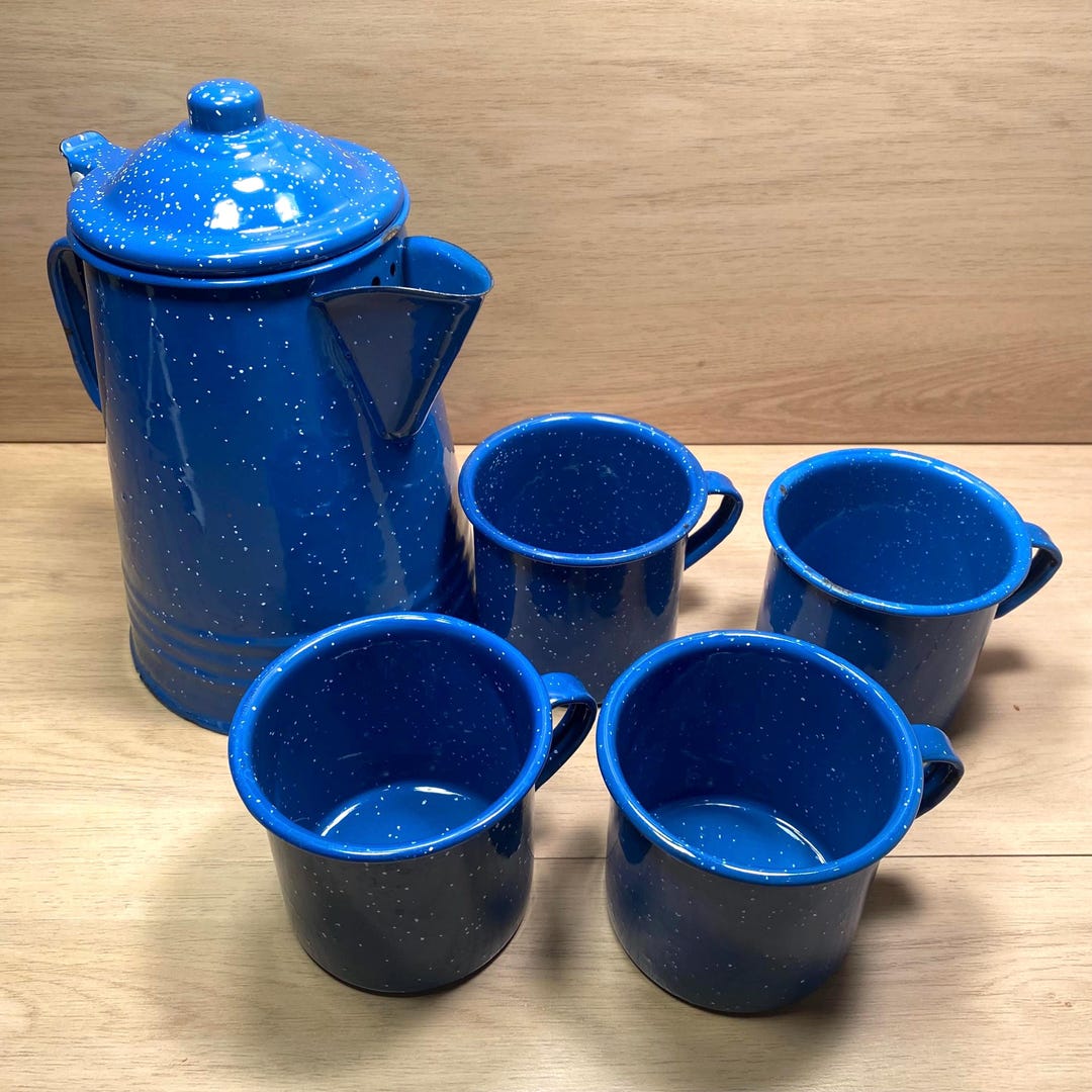 Vintage Blue Speckled Enamel Kettle Set: Rustic Farmhouse Decor - Etsy