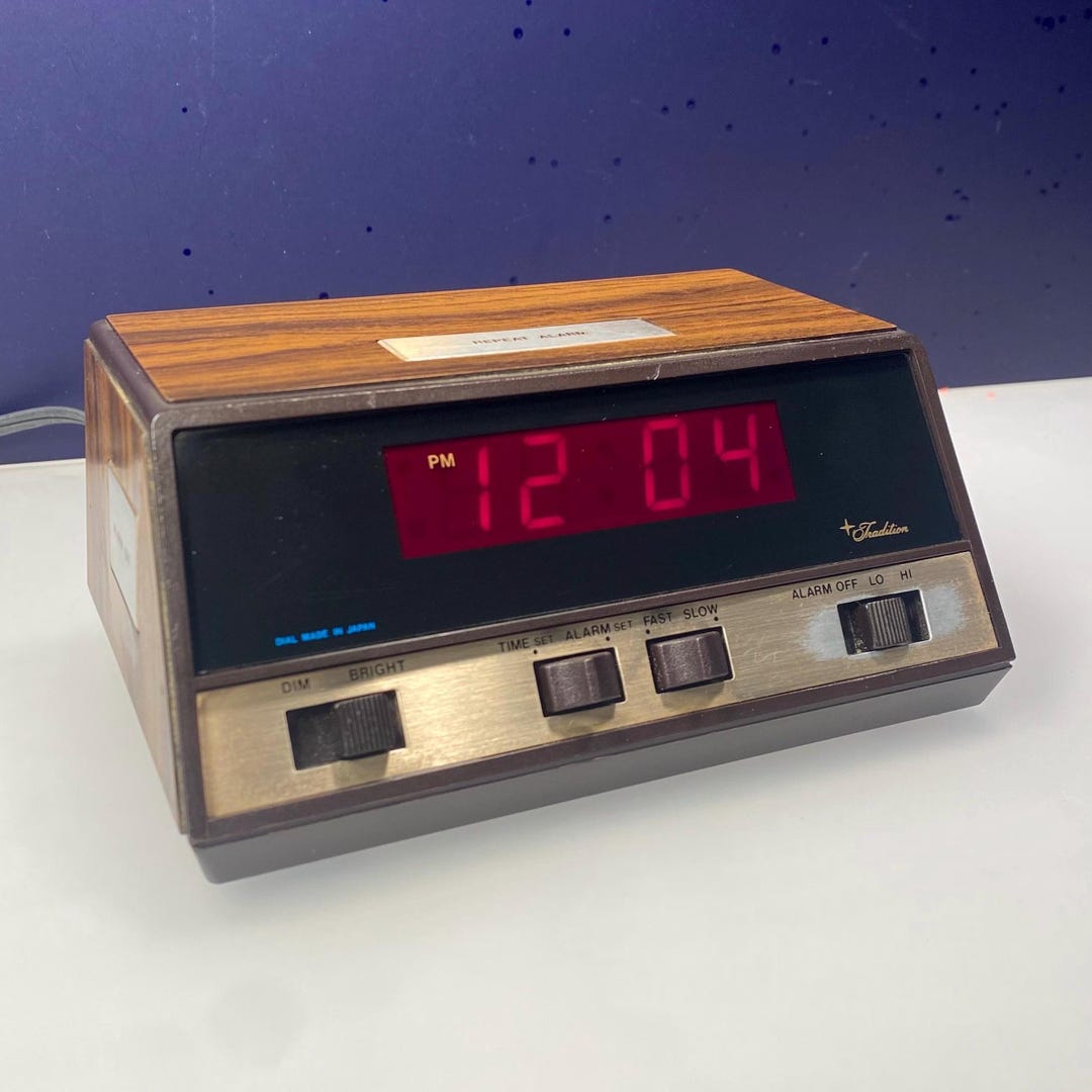 Vintage Red LED Digital Alarm Clock, Woodgrain Silver Mod Wedge Design ...