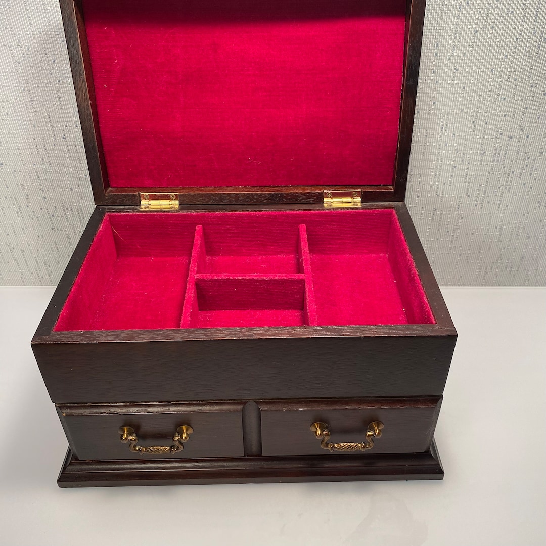 Vintage Jewelry Box Red Velvet Interior Two Level Wooden Jewelry Box ...