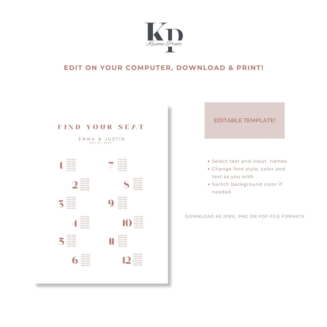 Modern Wedding Seating Chart Template Elegant Rose Gold - Etsy
