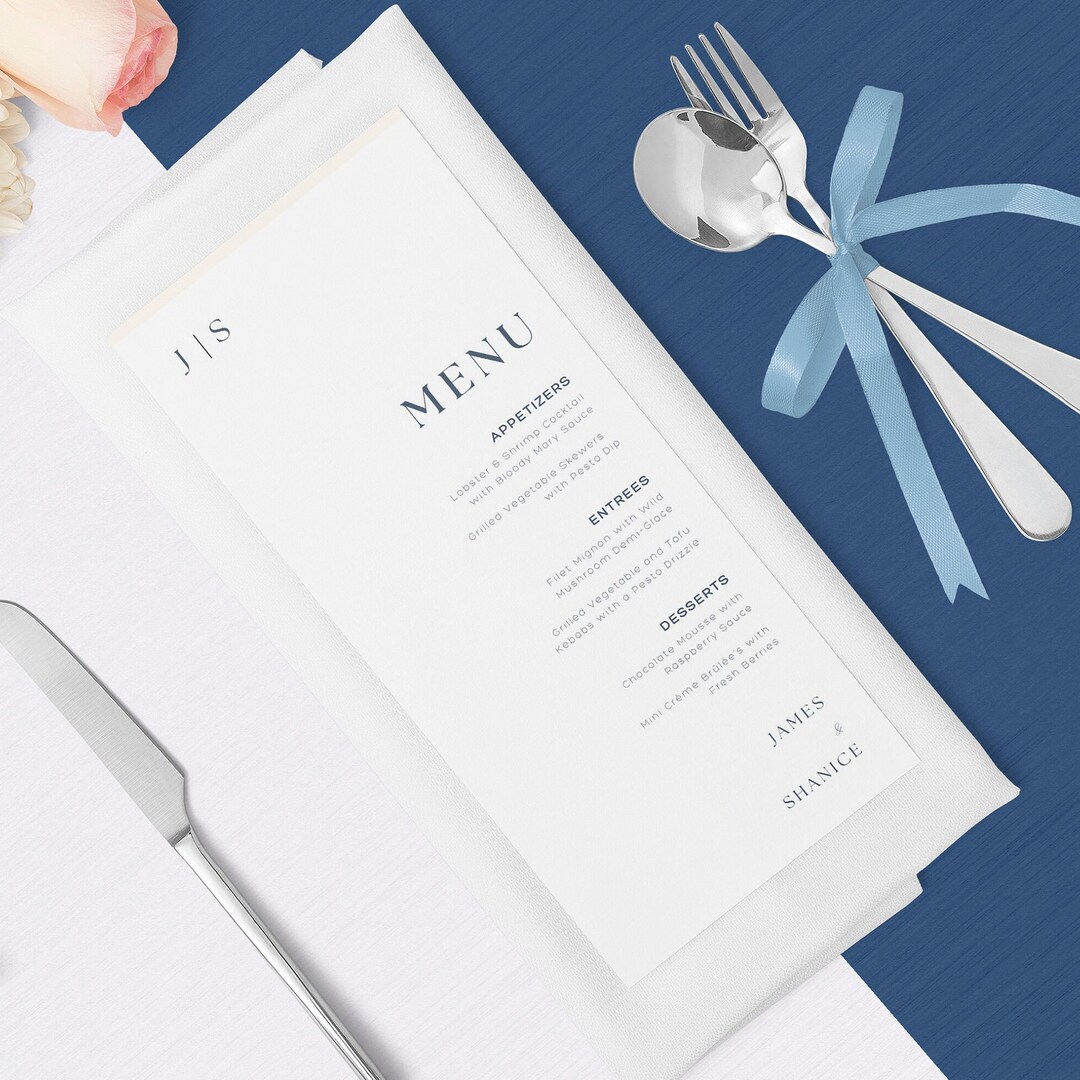 Monogram Wedding Menu Template, Elegant White and Blue Wedding Menu ...