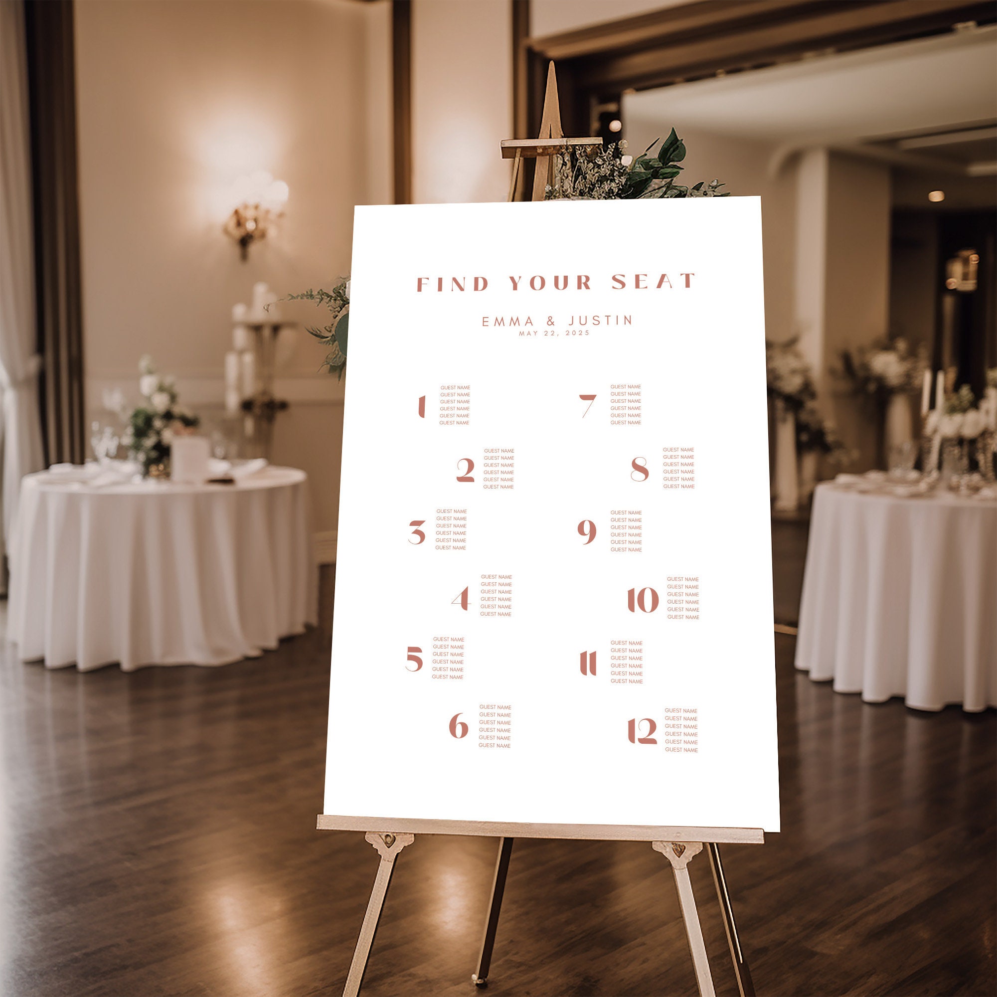 Modern Wedding Seating Chart Template, Elegant Rose Gold Wedding ...