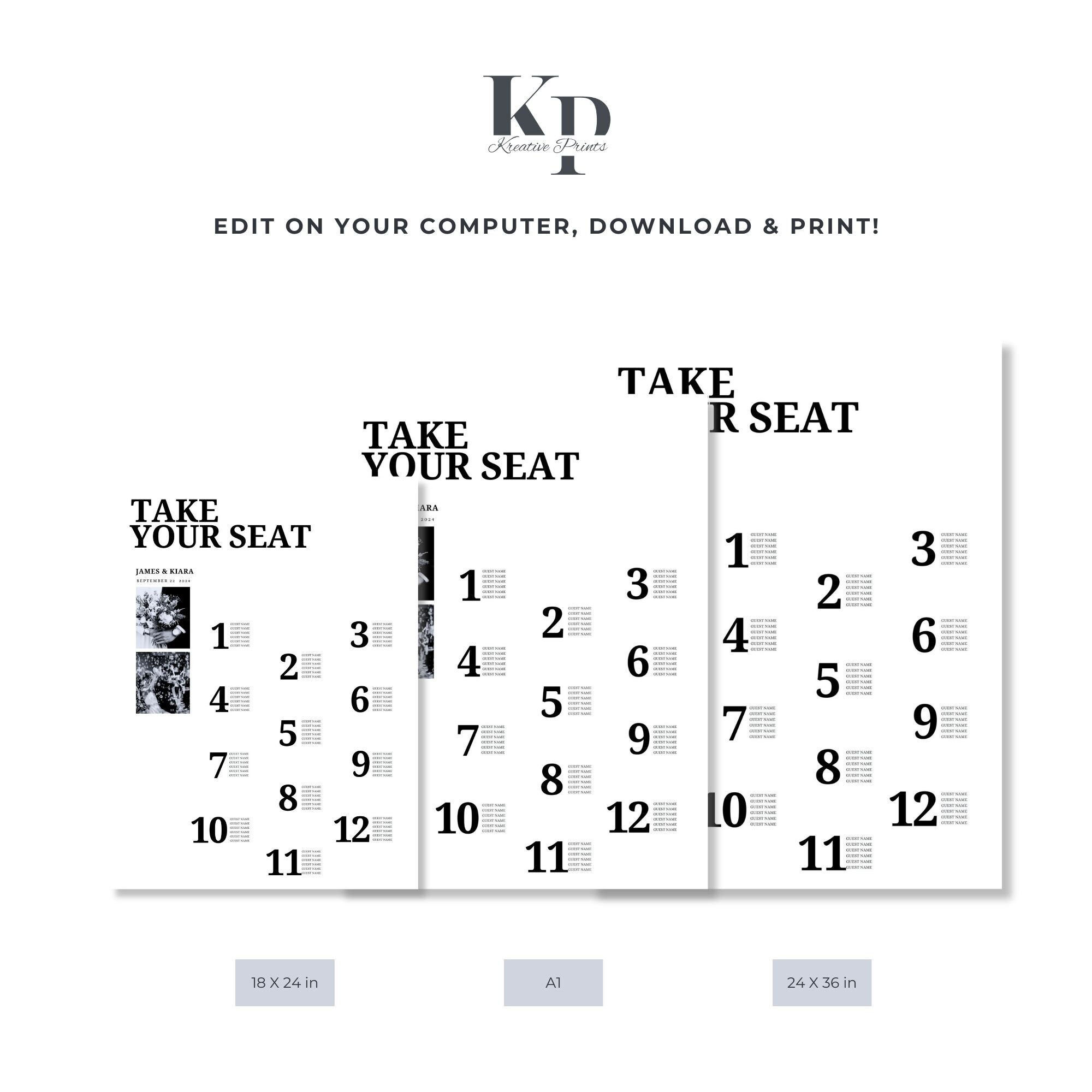 Modern Seating Chart Template, Elegant White Seating Chart Poster ...