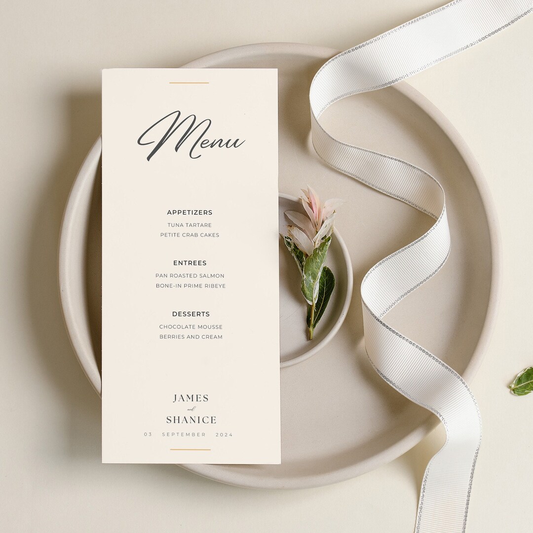 Modern Wedding Menu Template, Elegant Beige Wedding Menu, Printable ...