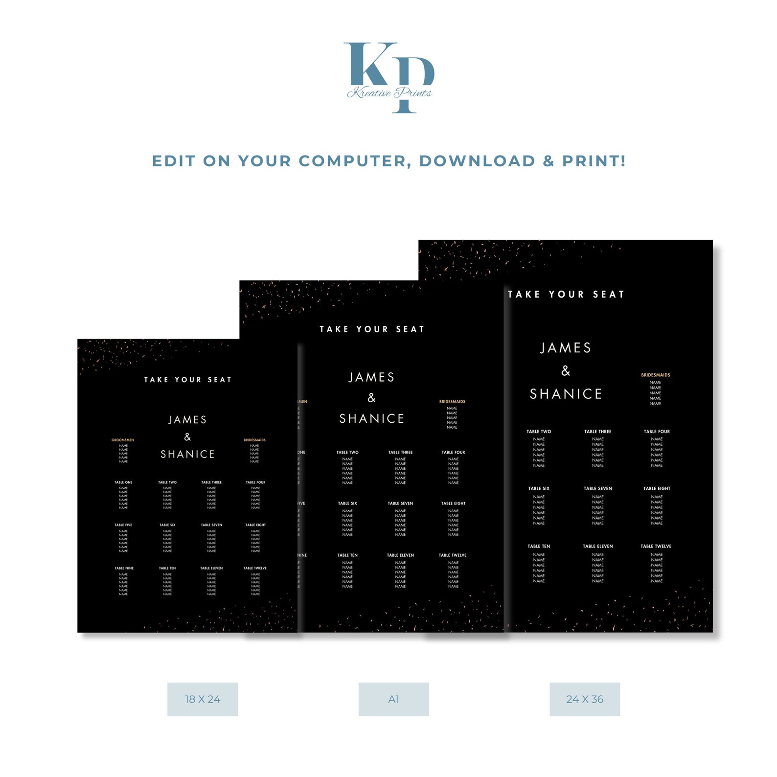 Modern Wedding Seating Chart Template, Elegant Black Wedding Seating ...