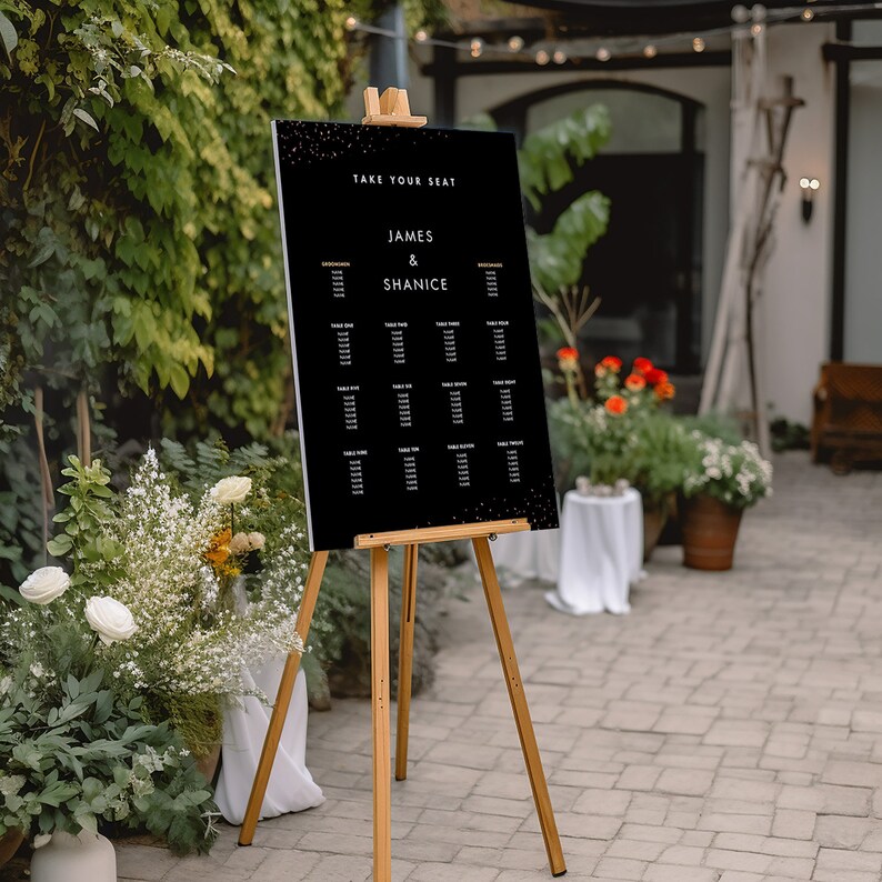 Modern Wedding Seating Chart Template, Elegant Black Wedding Seating ...