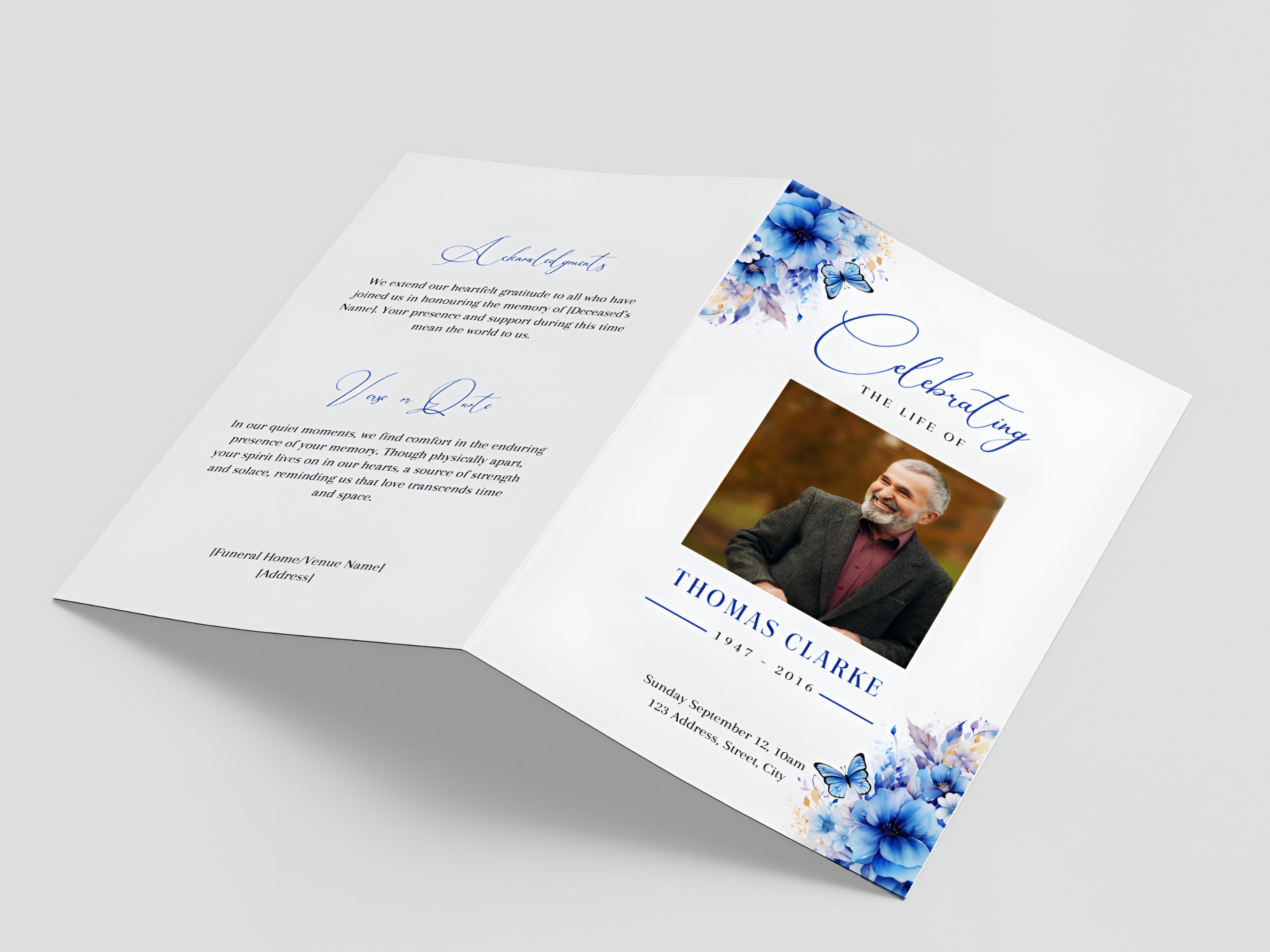 Editable Funeral Program Template Blue Floral Celebration of Life ...