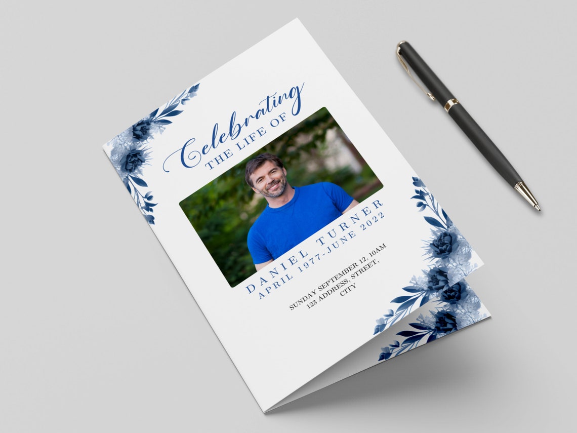 Blue Funeral Program Template Editable Memorial Program - Etsy