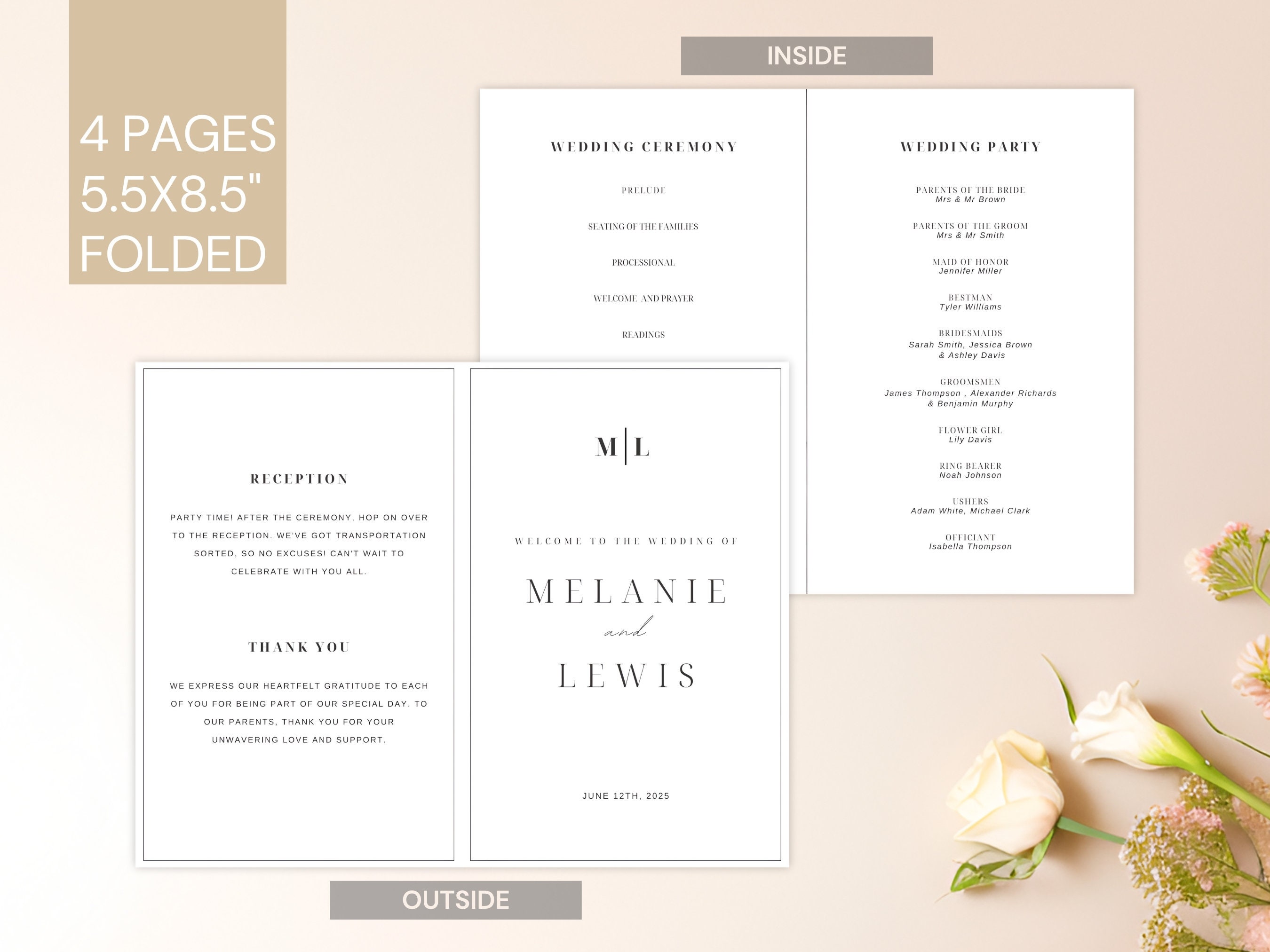 Minimalist Wedding Program Template Foldable Wedding Program Editable Elegant Wedding Program ...