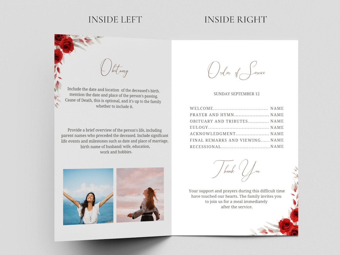 Editable Funeral Program Template Red Roses Memorial Program - Etsy UK