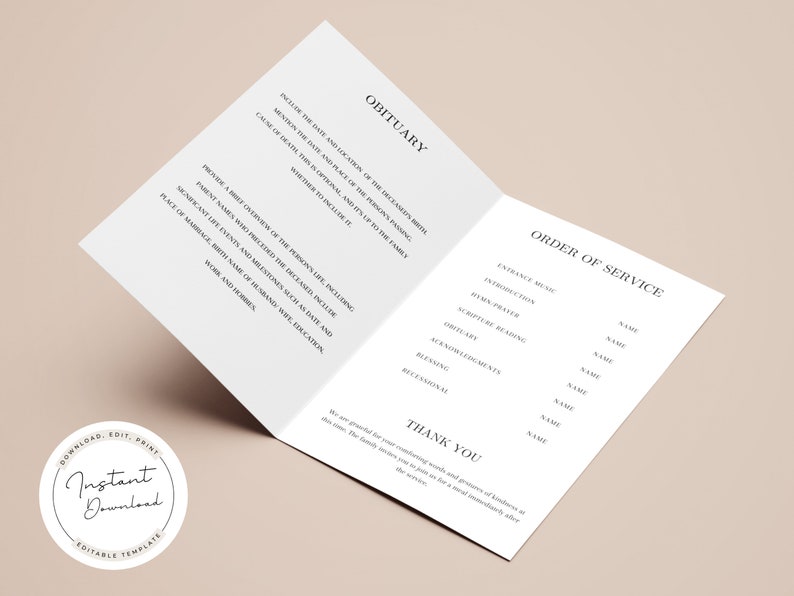 Funeral Program Template Editable Celebration of Life Printable Order ...