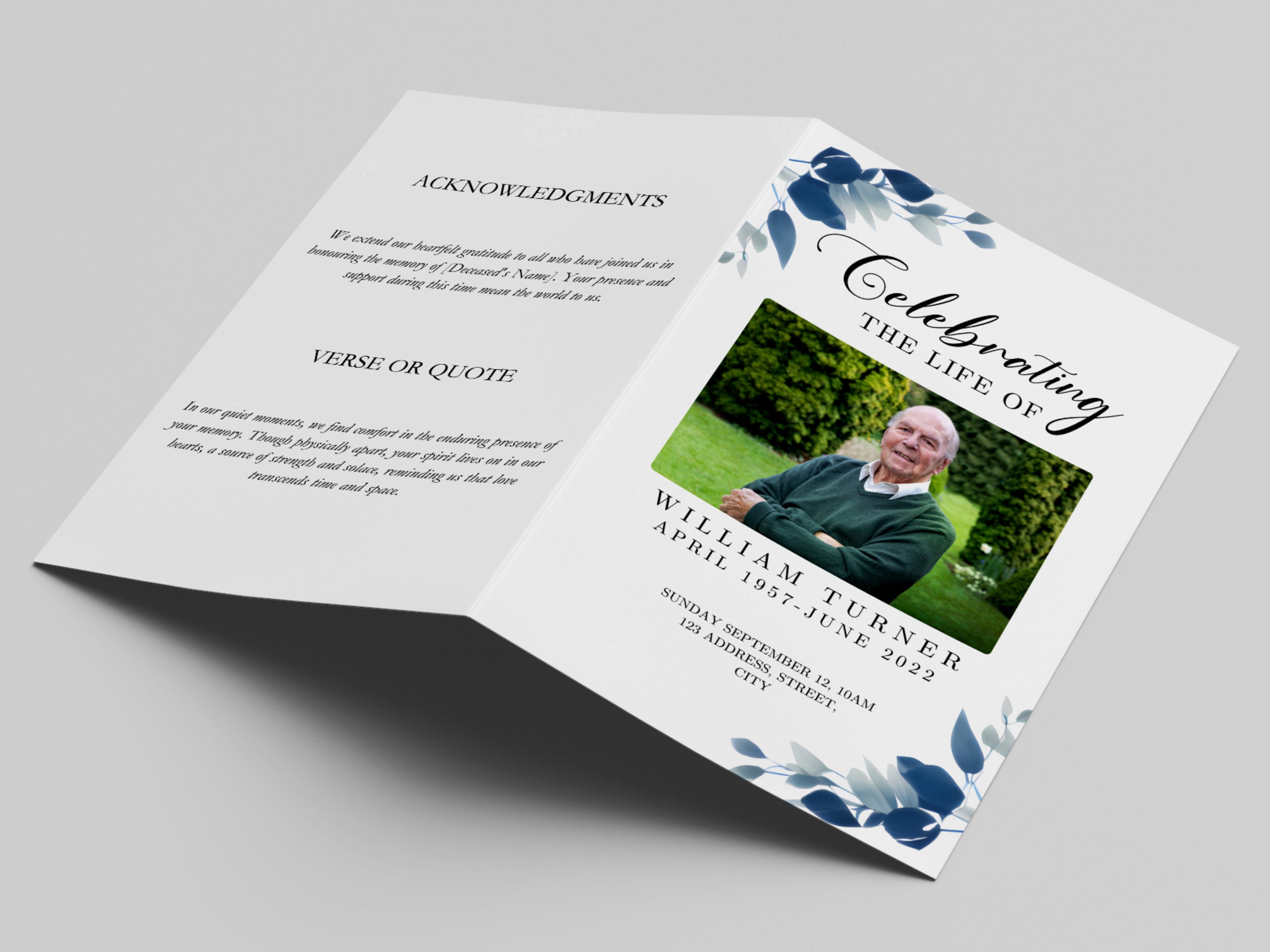 Blue Funeral Program Template Editable Memorial Program Minimal Printable Order of Service ...