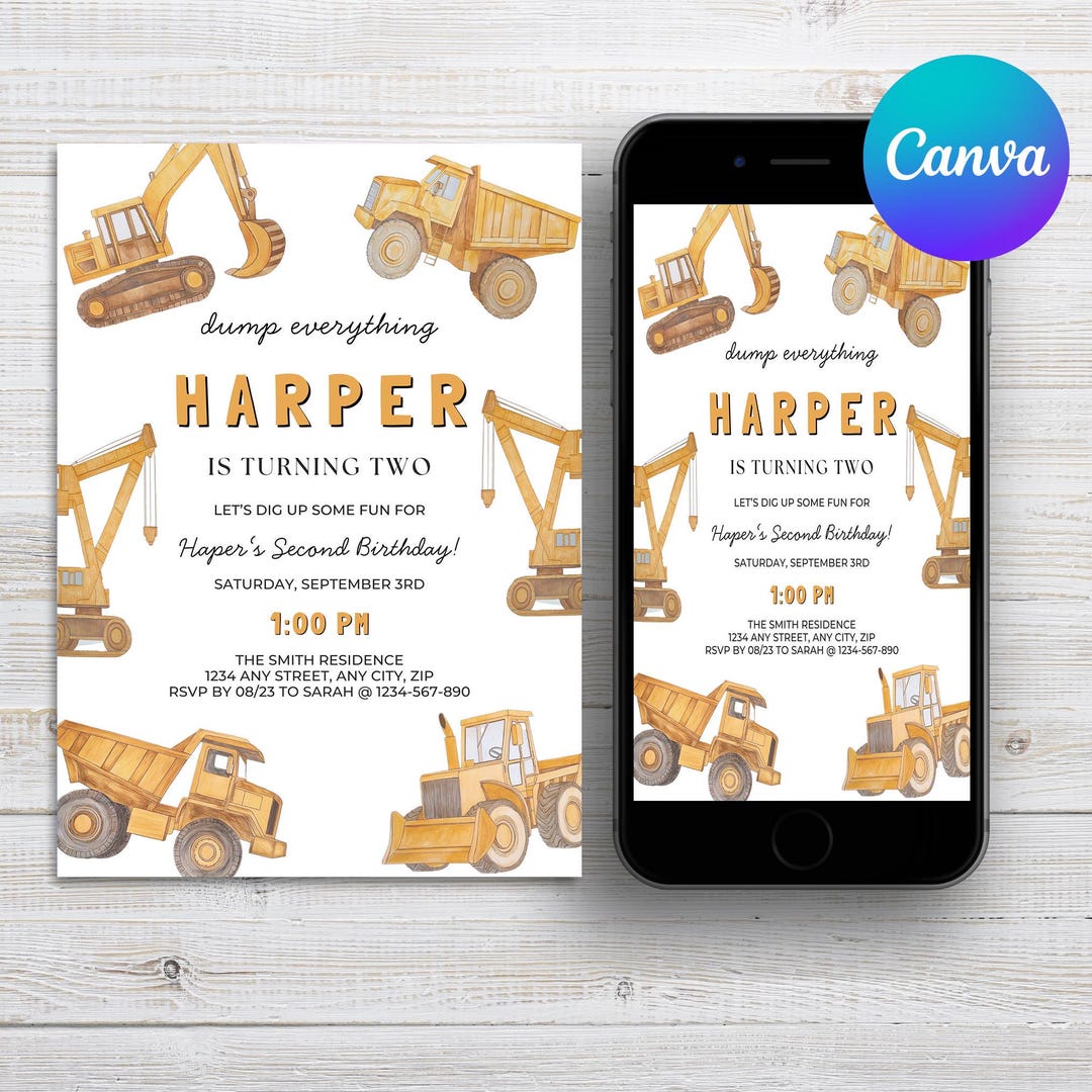 Construction Birthday Invite Template Canva Dump Everything Birthday ...