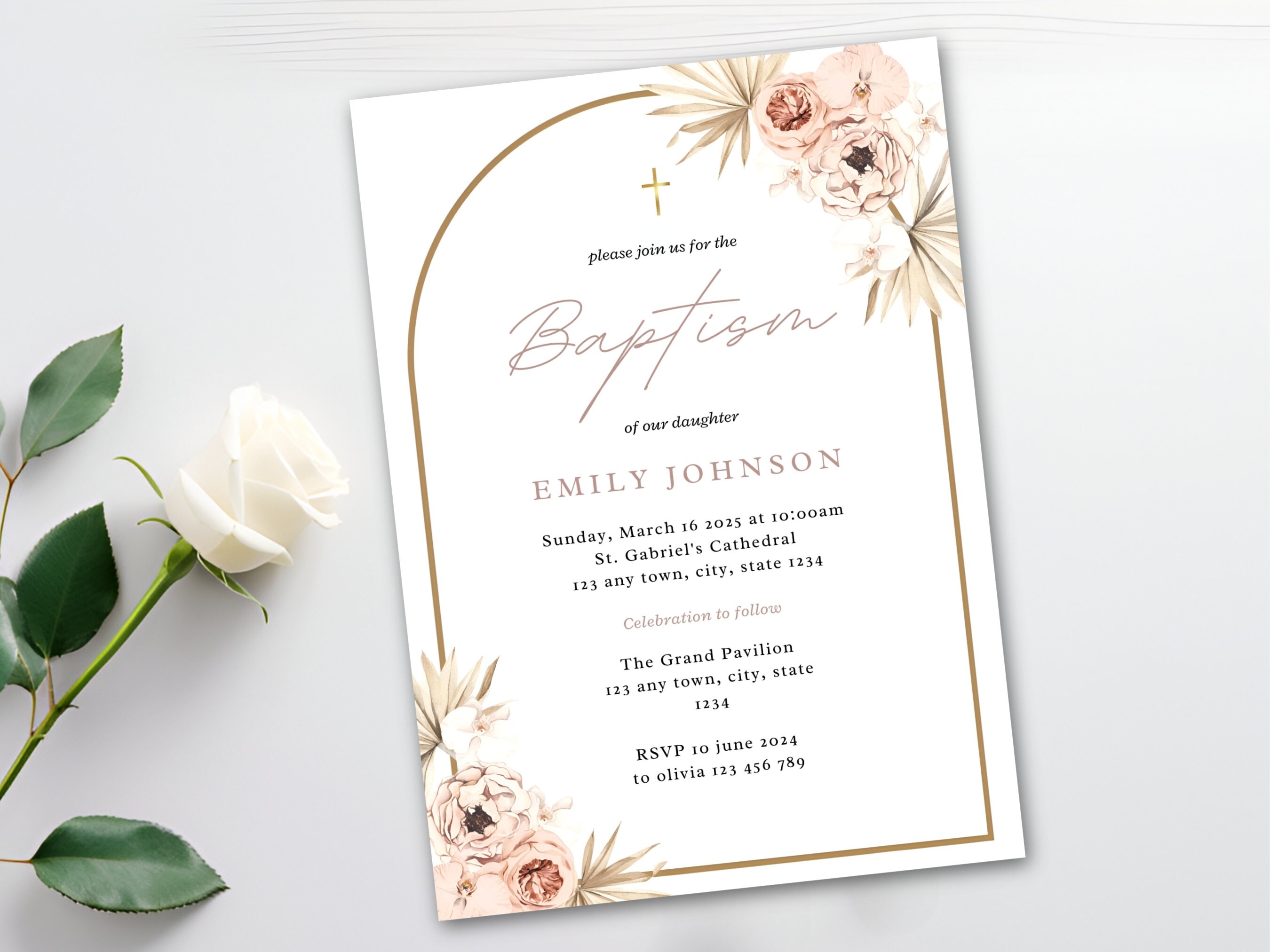 Baptism Invitation Template, Rustic Pink Flowers Arch, Editable, Pink ...