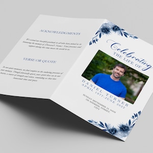 Blue Funeral Program Template Editable Memorial Program Minimal ...