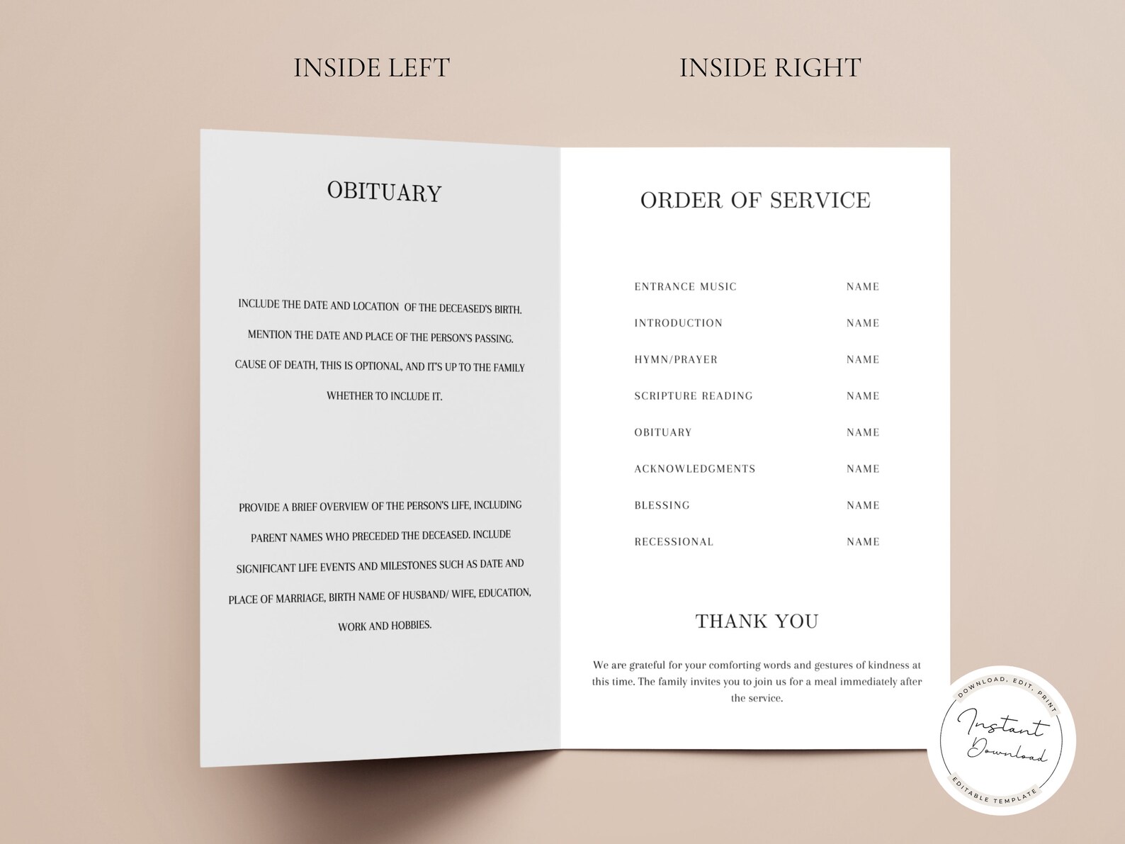 Funeral Program Template Editable Celebration of Life Printable Order ...