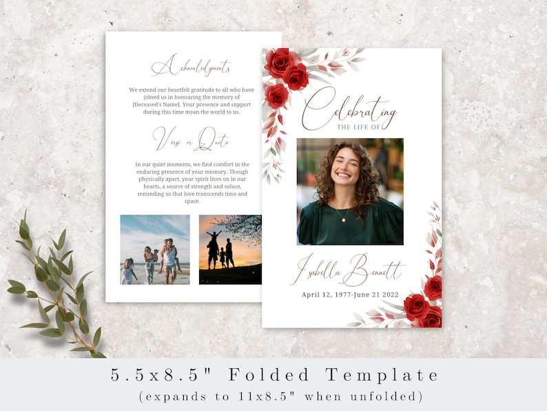 Editable Funeral Program Template Red Roses Memorial Program Minimal ...