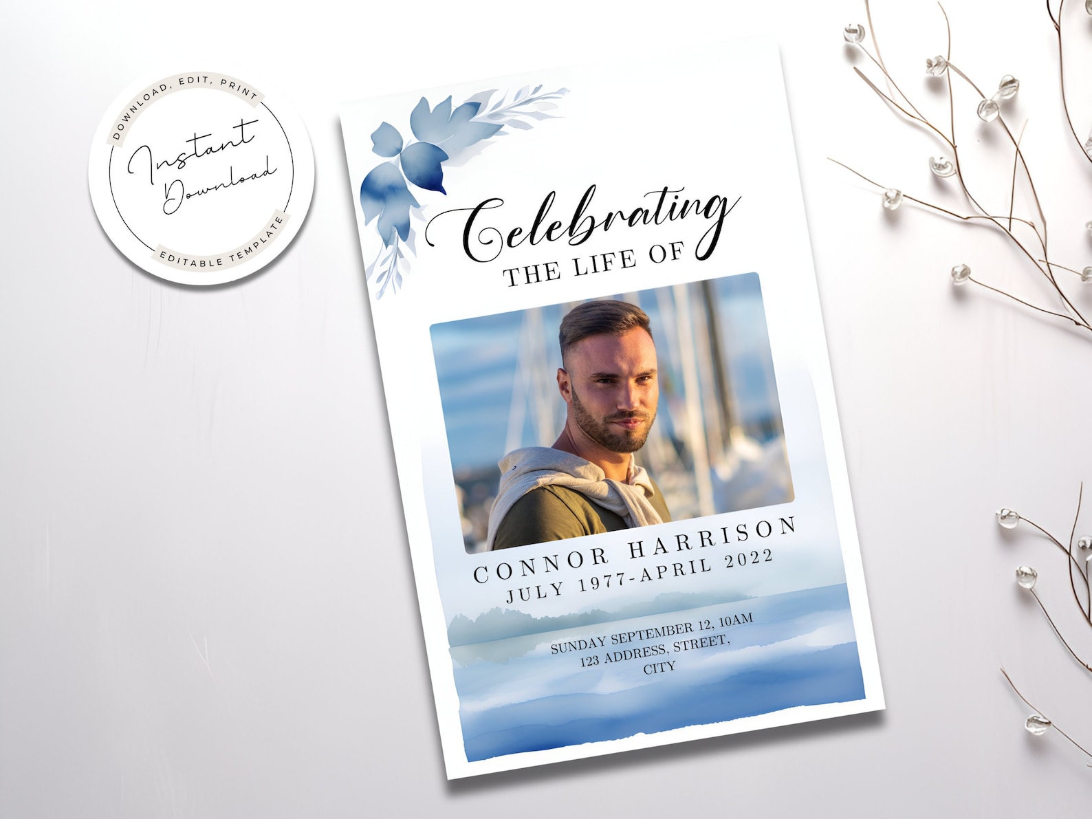 Funeral Program Template Blue Editable Celebration of Life Printable ...