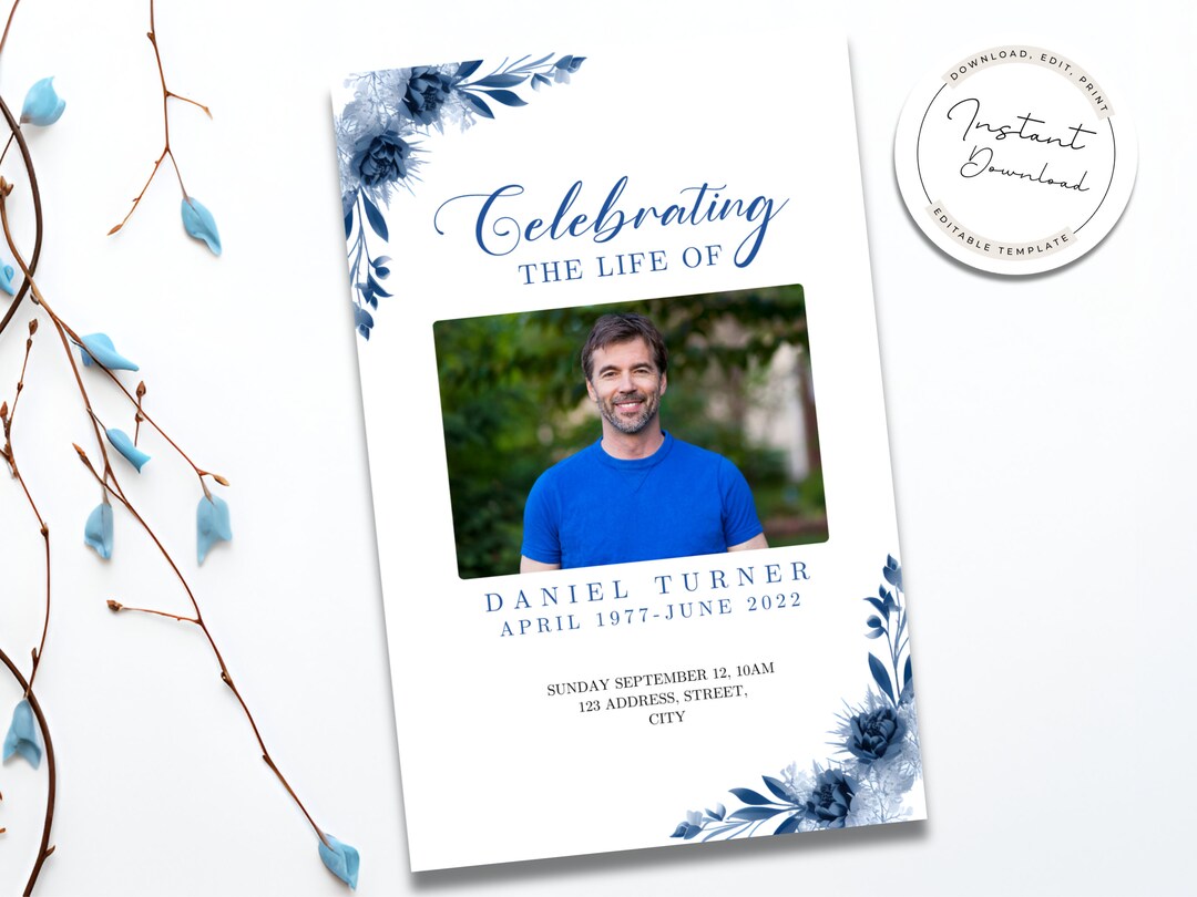 Blue Funeral Program Template Editable Memorial Program Minimal ...