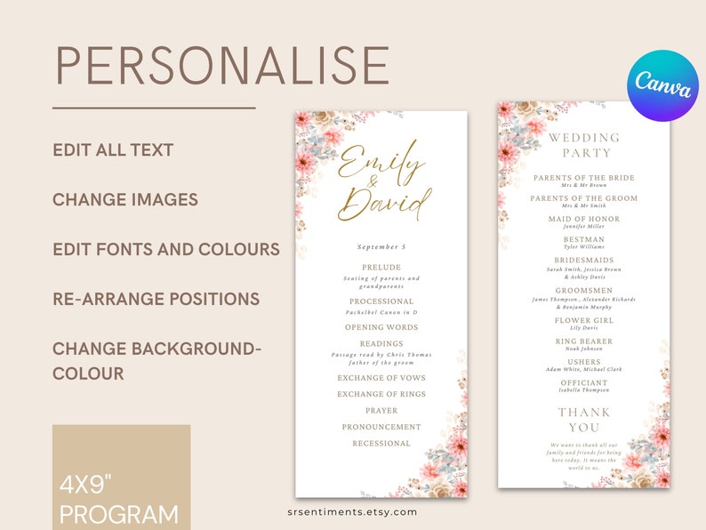 Wedding Program Template Blush Wedding Ceremony Template Floral Wedding Program Editable Wedding ...