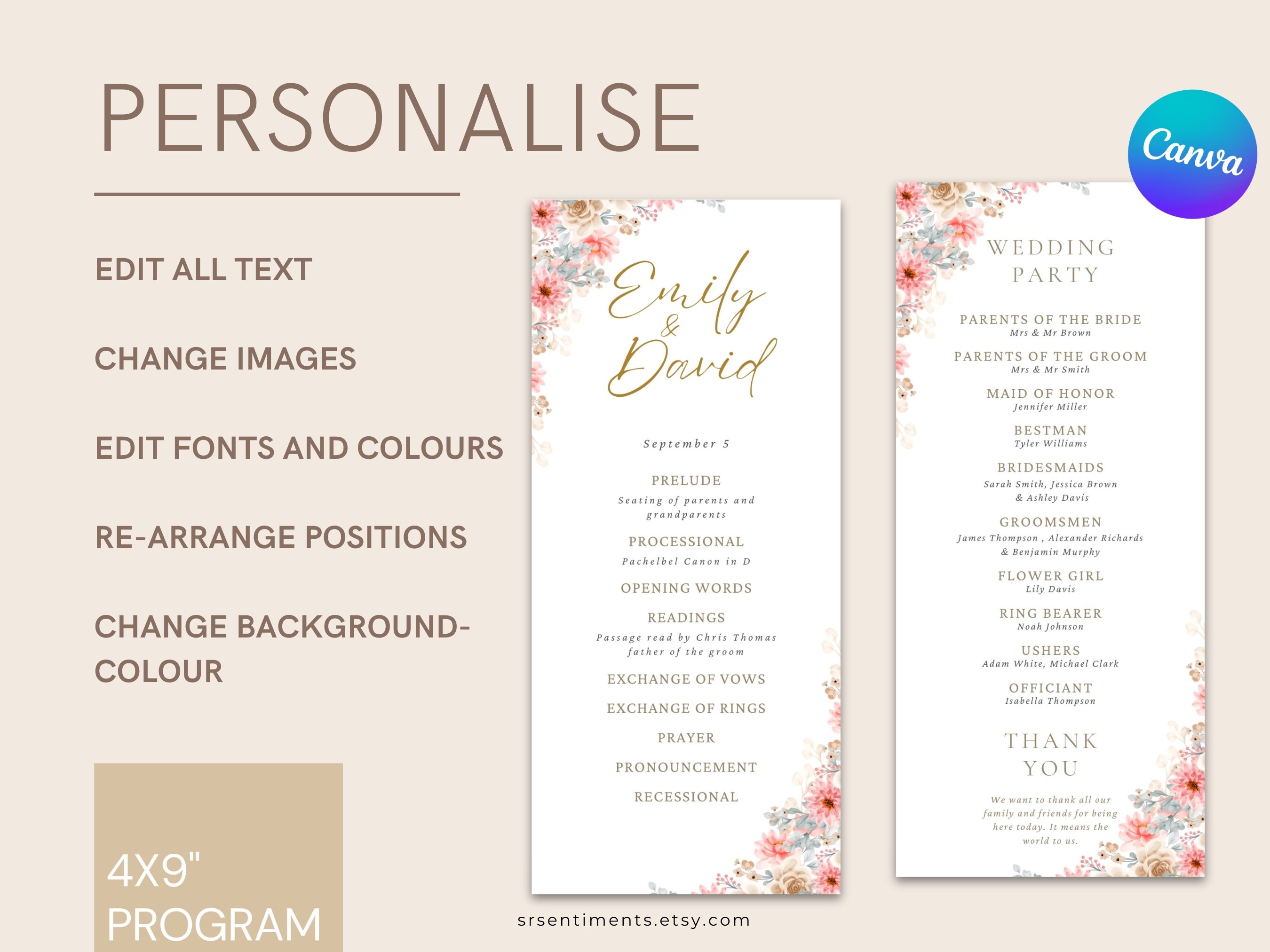Wedding Program Template Blush Wedding Ceremony Template Floral Wedding Program Editable Wedding ...