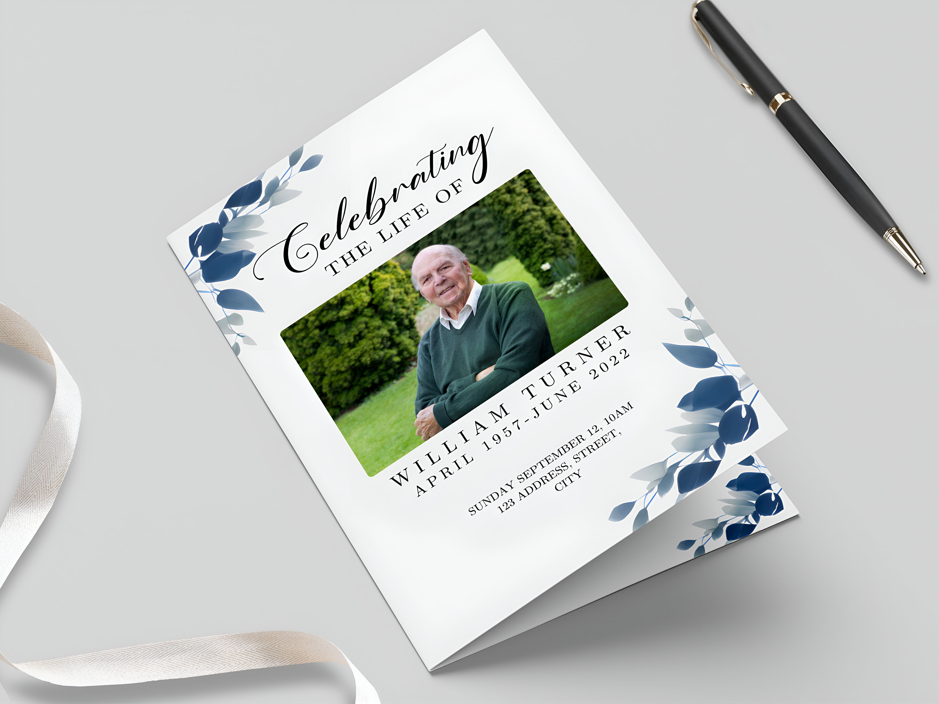 Blue Funeral Program Template Editable Memorial Program Minimal ...