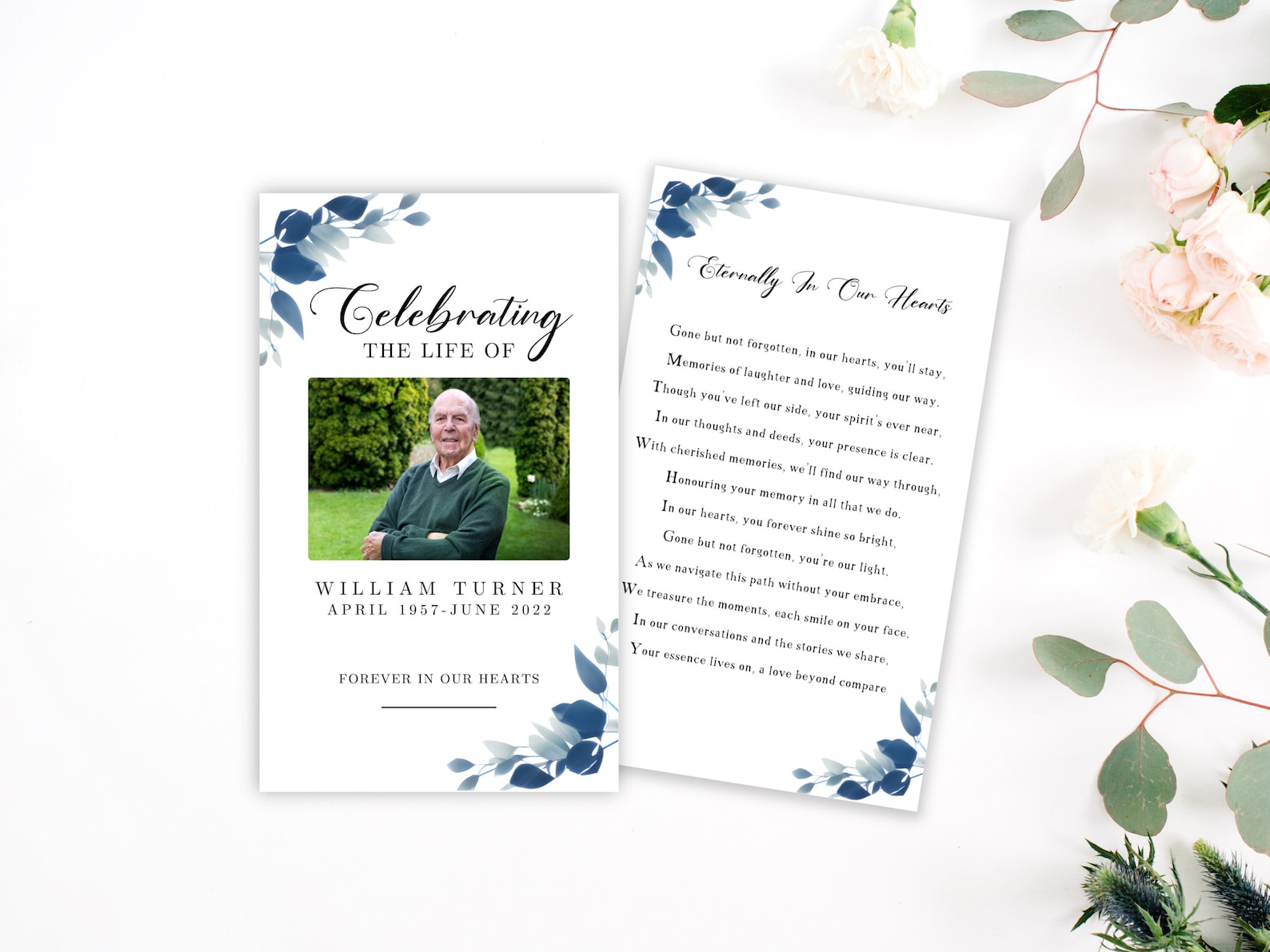 Funeral Prayer Card Template Blue, Editable Memorial Prayer Card ...