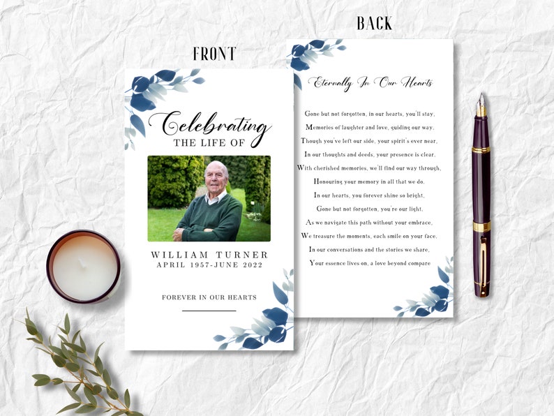 Funeral Prayer Card Template Blue, Editable Memorial Prayer Card ...