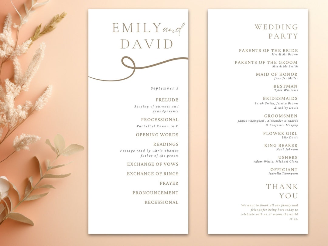 Modern Wedding Program Template, Gold Simple Wedding Ceremony Program ...