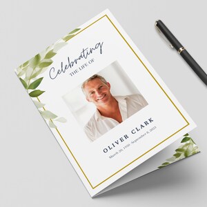 Funeral Program Template for Men Greenery Editable Memorial Program ...