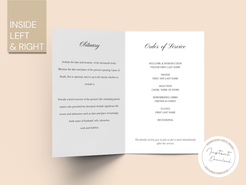 Editable Funeral Program Template Minimalist Instant Download Obituary ...