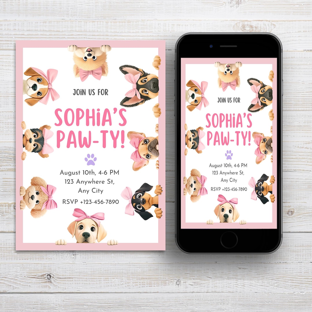 Dog Editable Invite Pink Coquette Bow Puppy Party Invitation Printable ...