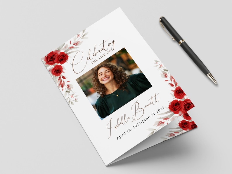 Editable Funeral Program Template Red Roses Memorial Program Minimal ...