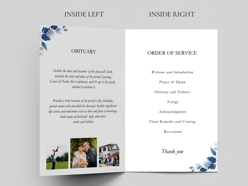 Blue Funeral Program Template Editable Memorial Program Minimal ...