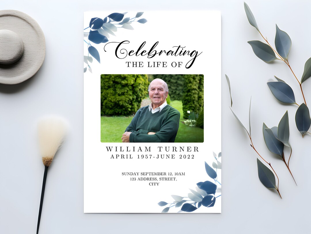 Blue Funeral Program Template Editable Memorial Program Minimal Printable Order of Service ...