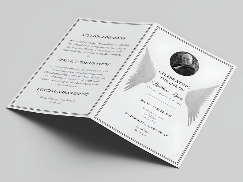 Editable Funeral Program Template Angel Wings Digital Download ...