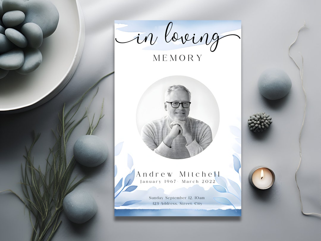 Funeral Program Template Blue Editable Memorial Program Printable Mens ...