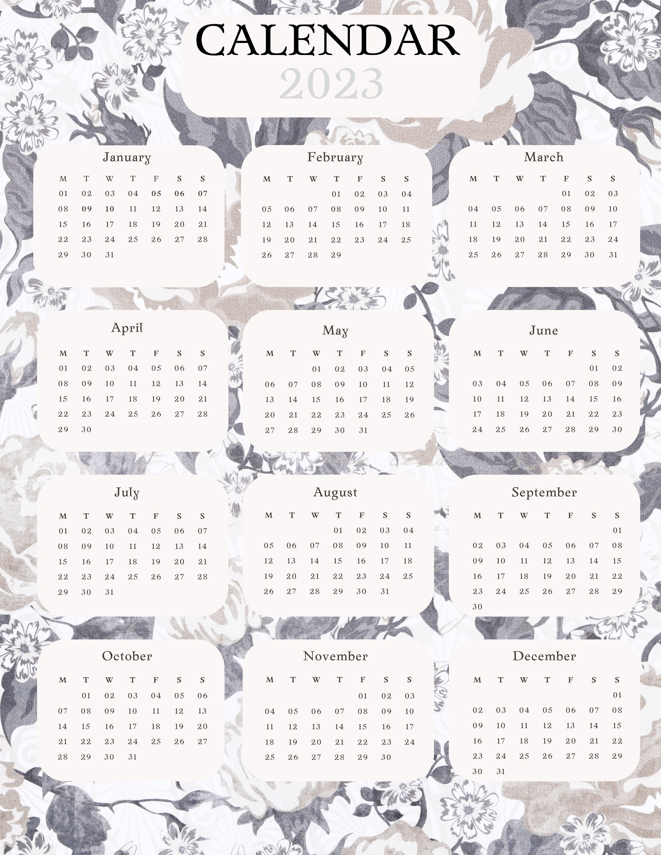 Gray Floral Year Calendar - Etsy