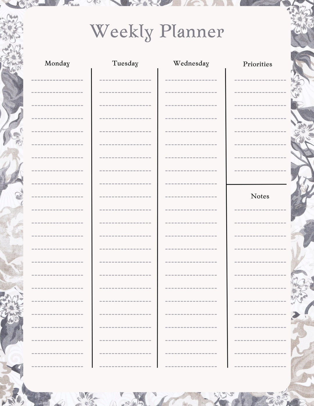 Gray Floral Weekly Planner - Etsy