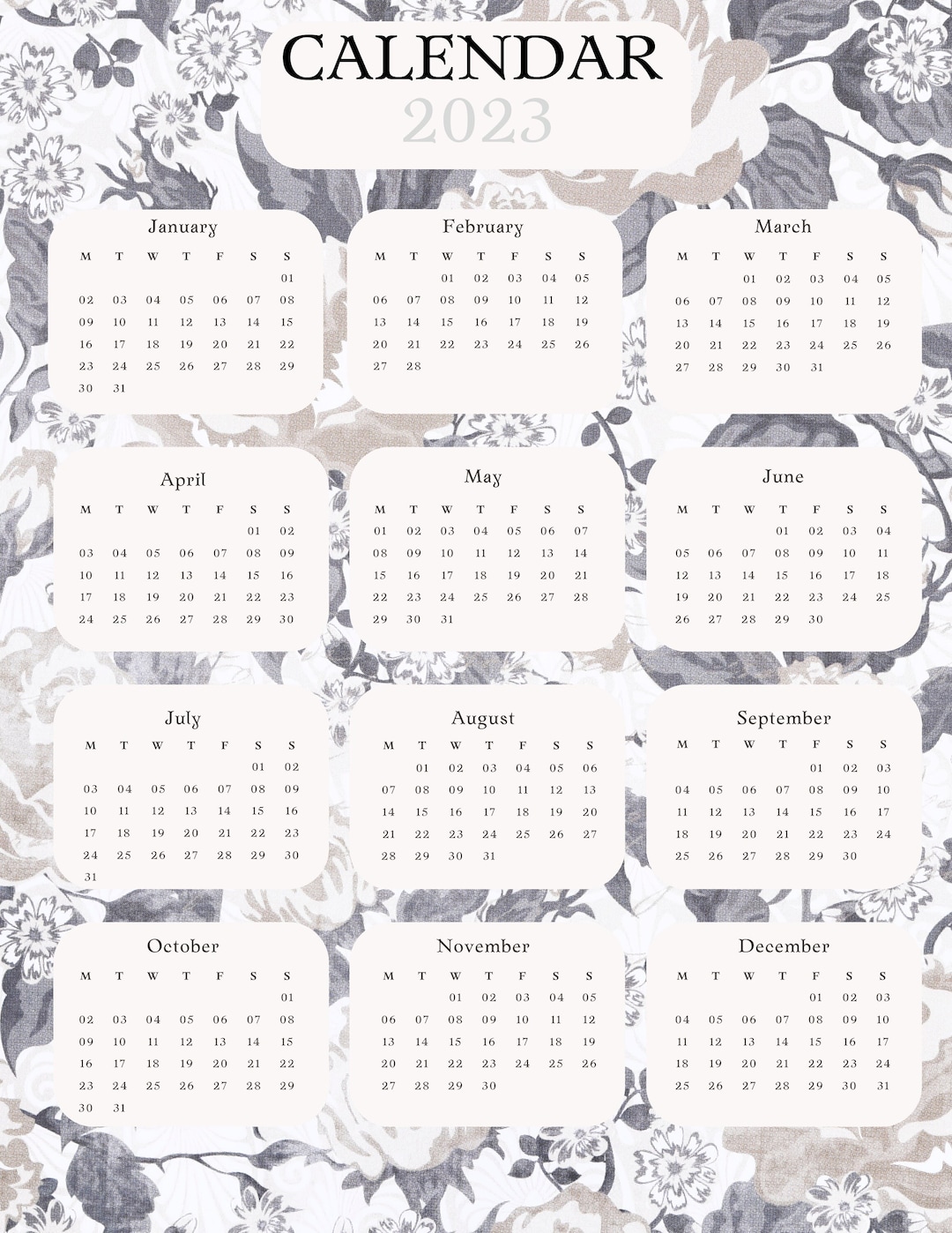 Gray Floral Year Calendar - Etsy