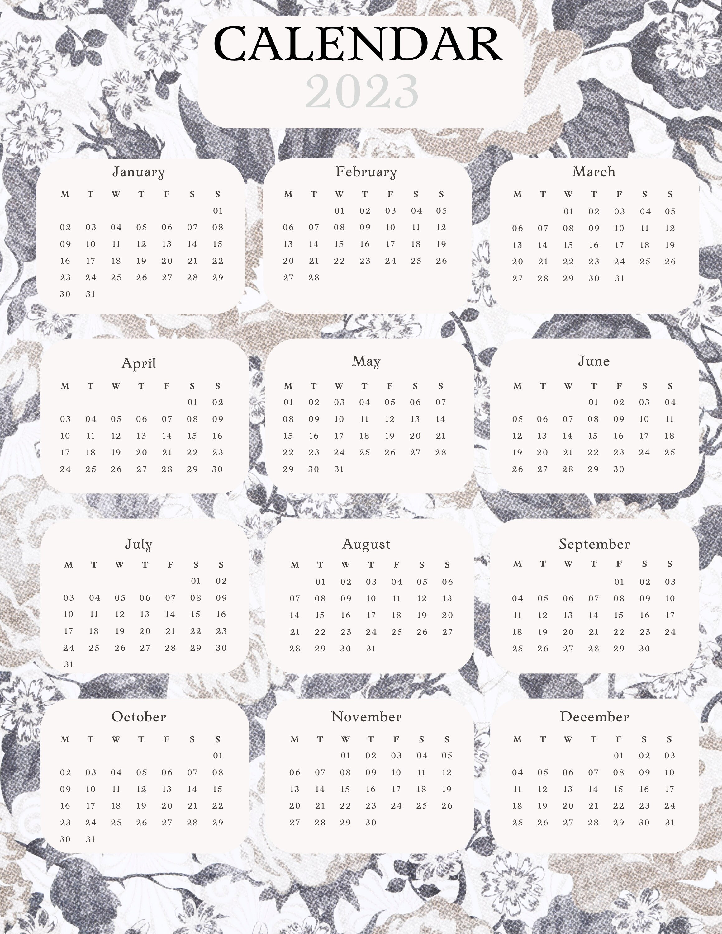 Gray Floral Year Calendar - Etsy