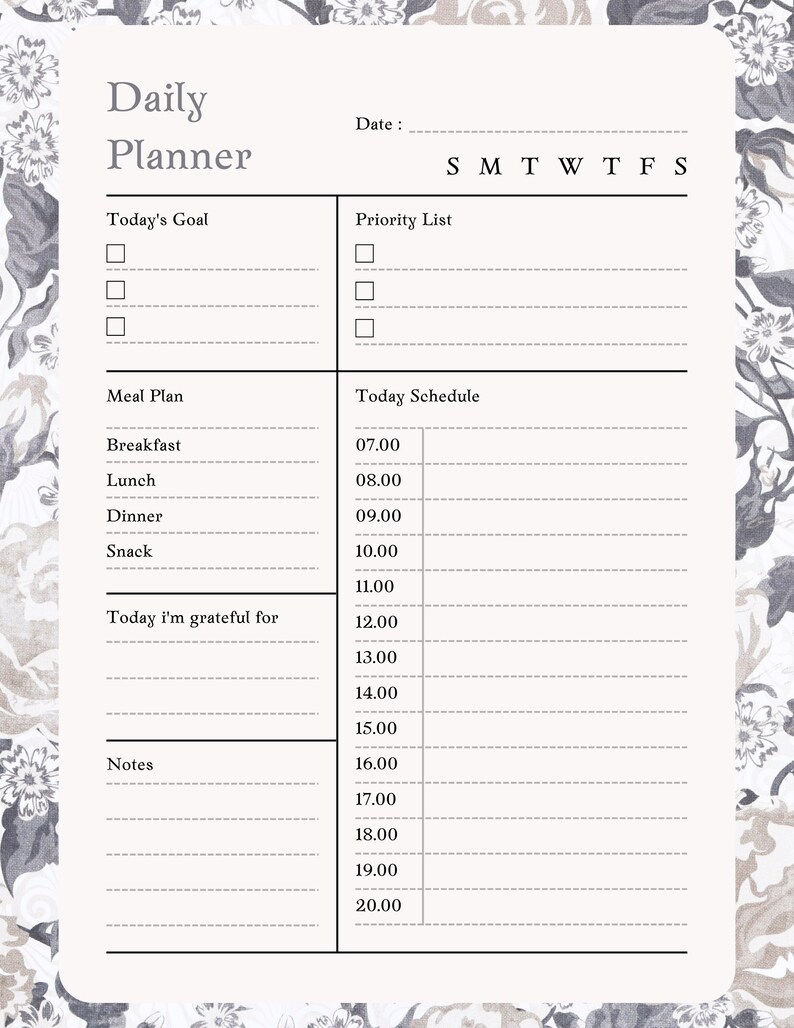 Gray Floral Daily Planner - Etsy