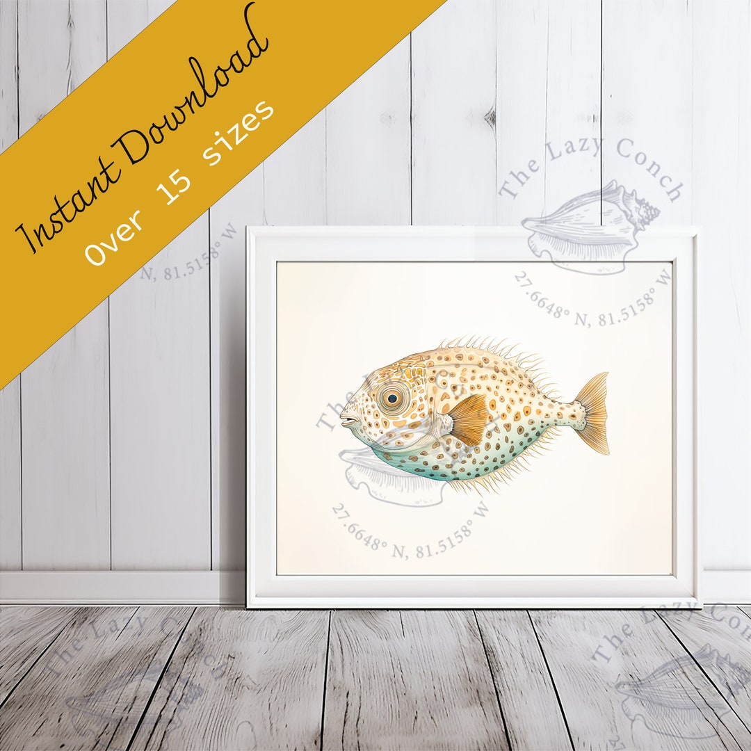 Pufferfish Illustration, Watercolor, Minimalist Fish Art, Fish Coastal ...