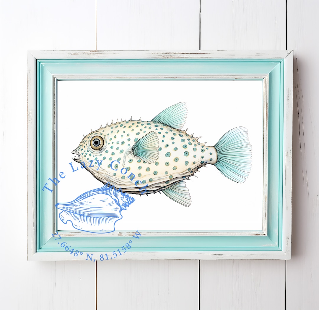 Pufferfish Watercolor Painting, Minimalist Coastal Room Decor ...