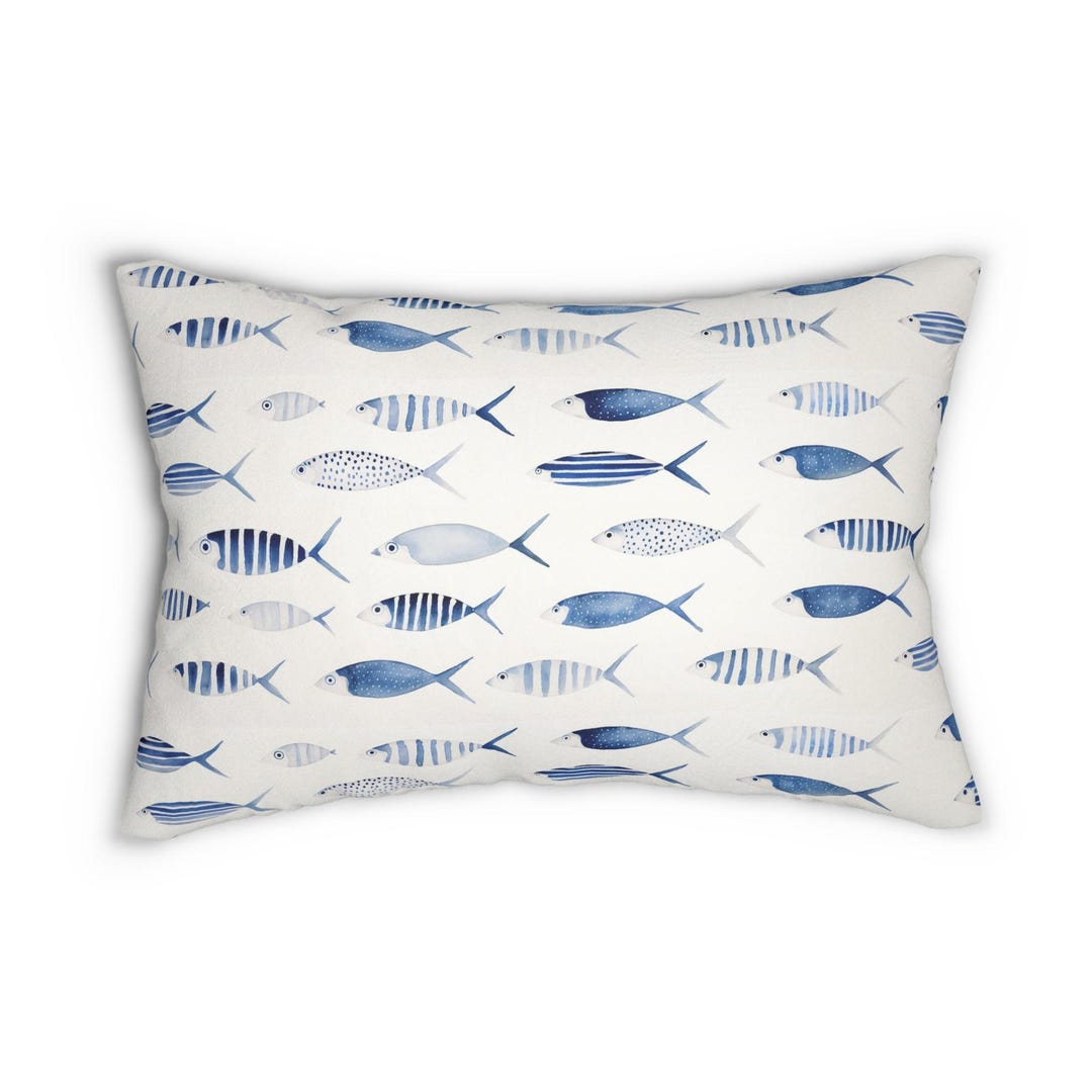 Reversible Blue Fish Lumbar Pillow, Nursery Fish Pillow, Nautical Fish ...