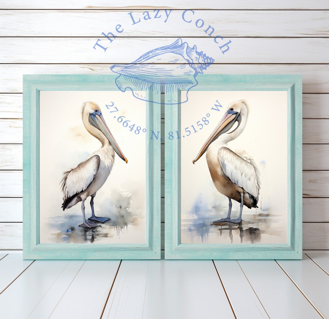 Set of 2 Pelican Artwork, Watercolor Painting, Minimalist Coastal Room ...